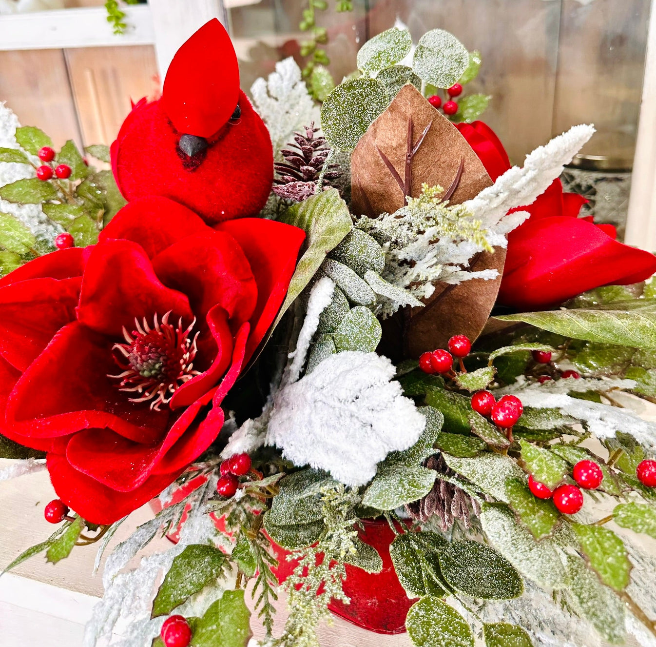 Red Cardinal Holiday Centerpiece with Velvet Magnolias & Snowy Greener ...