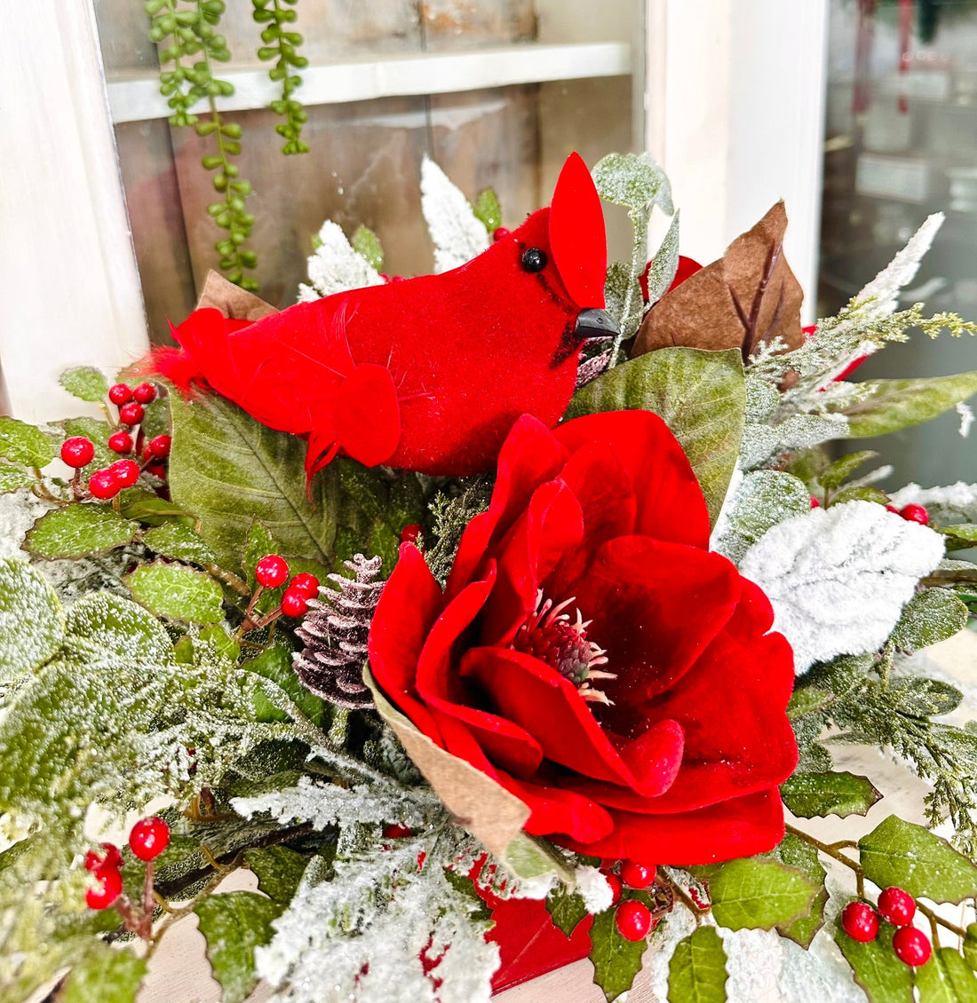 Red Cardinal Holiday Centerpiece with Velvet Magnolias & Snowy Greener ...