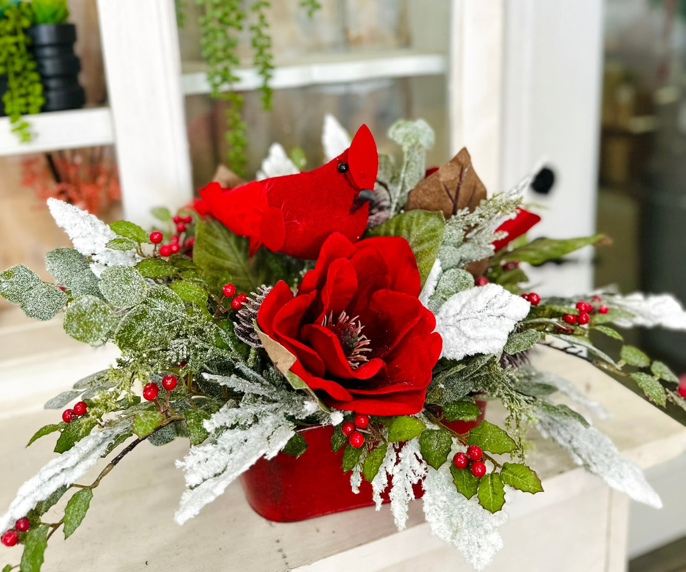 Red Cardinal Holiday Centerpiece with Velvet Magnolias & Snowy Greener ...
