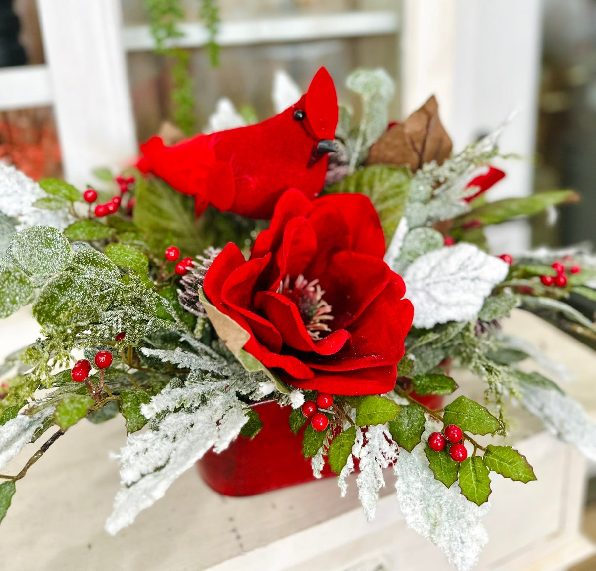 Red Cardinal Holiday Centerpiece with Velvet Magnolias & Snowy Greener ...