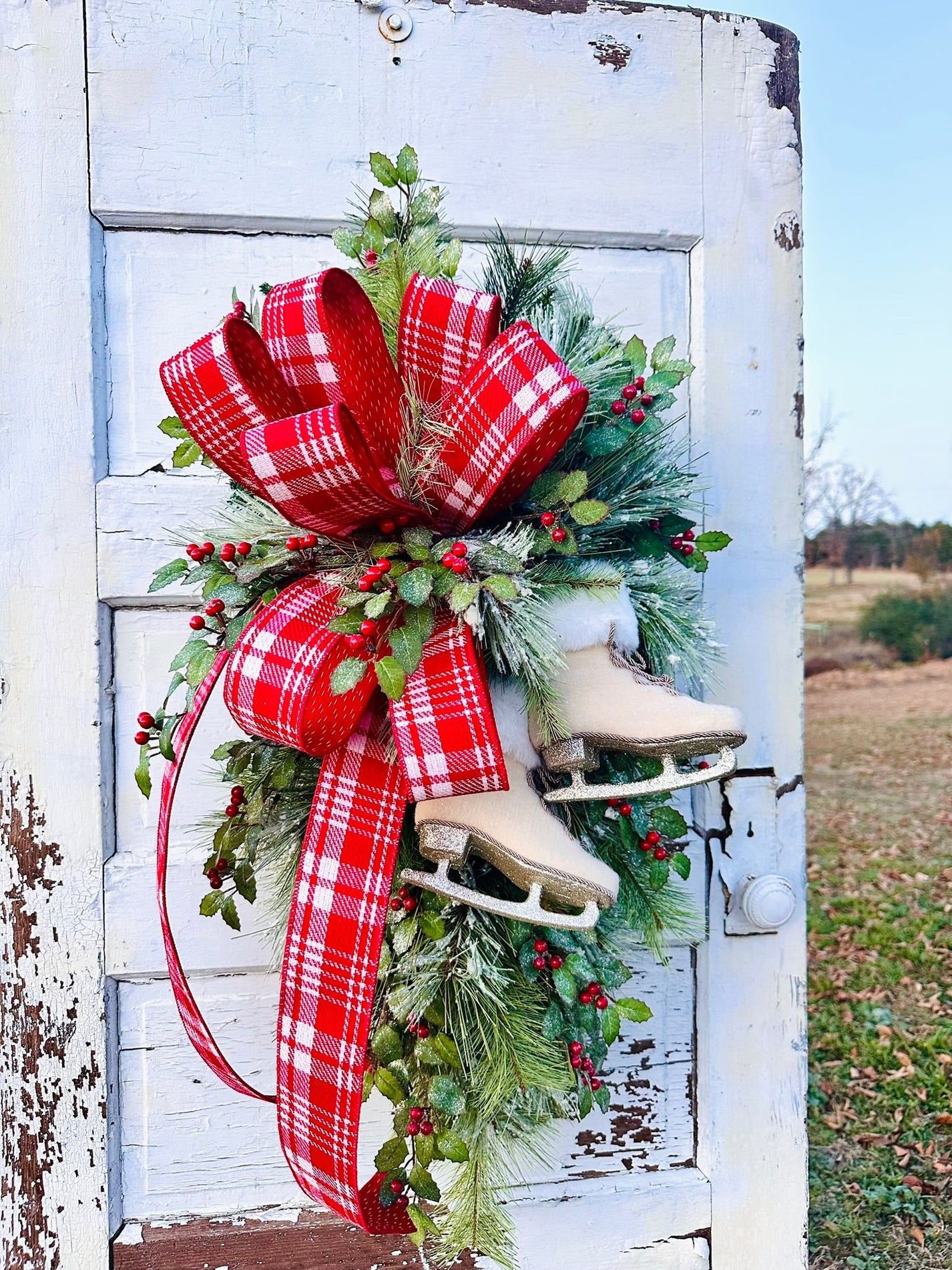 Ice Skate Christmas Swag with Red Plaid Bow | Large Holiday Door Decor ...