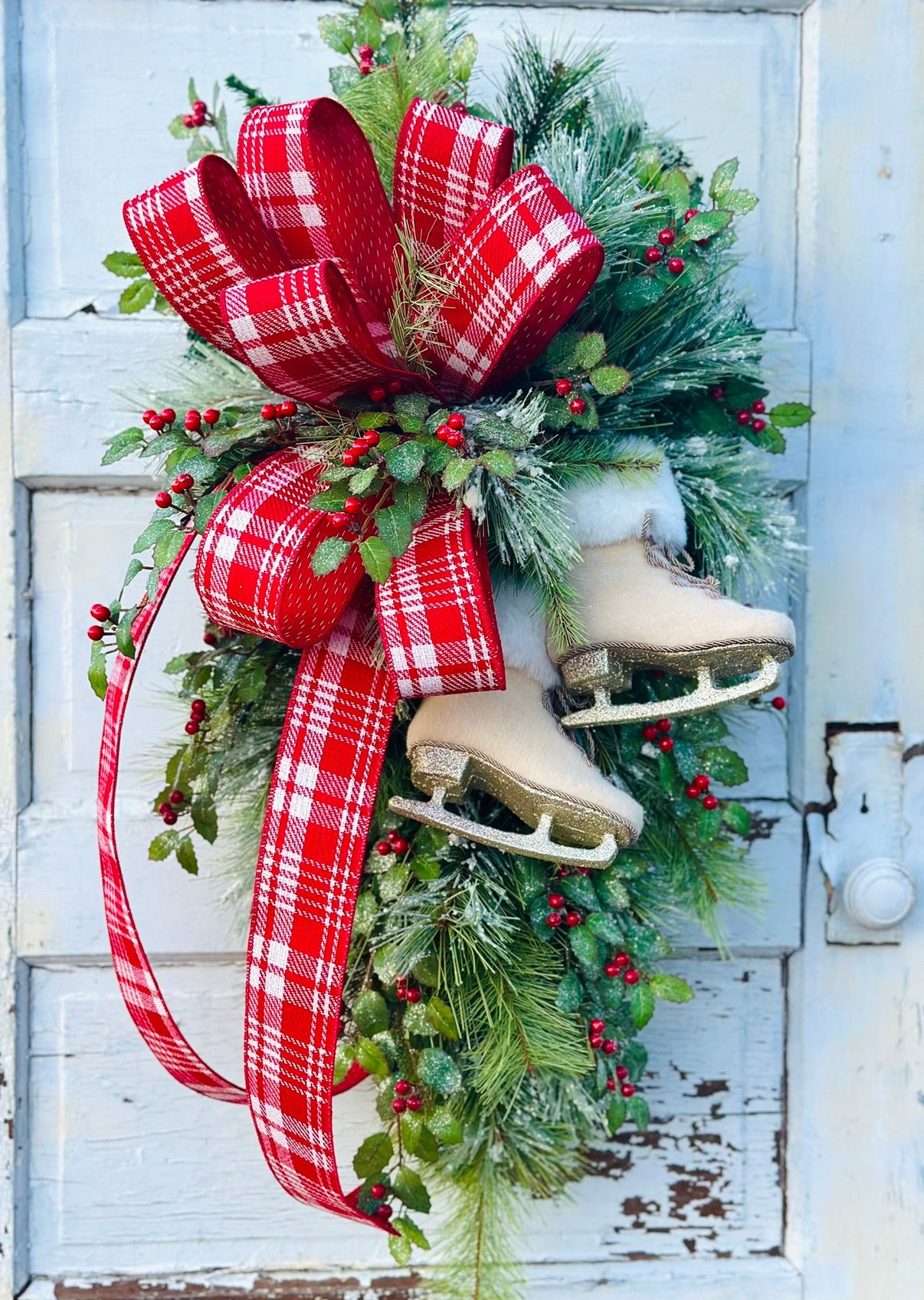 Ice Skate Christmas Swag with Red Plaid Bow | Large Holiday Door Decor ...