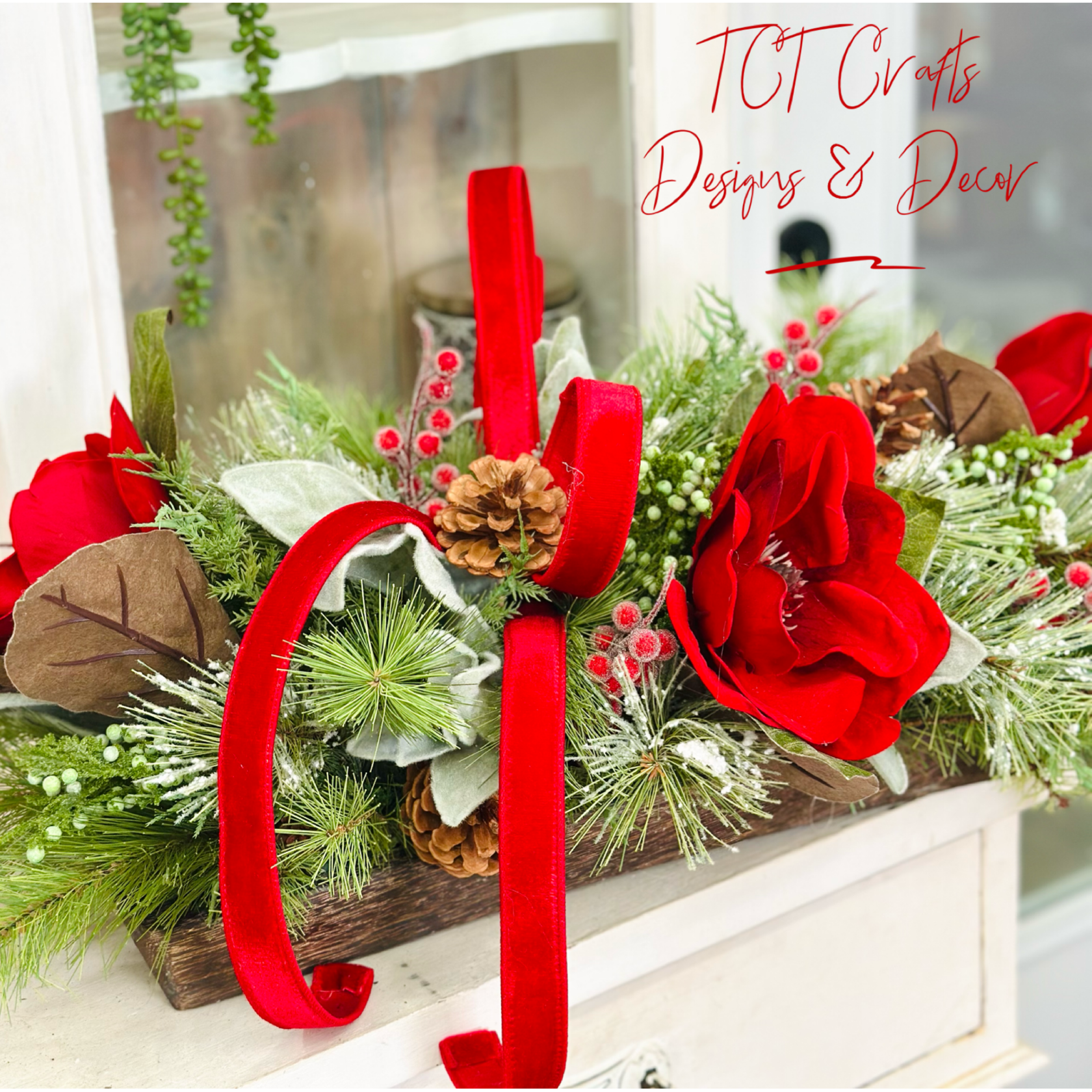 Red Velvet Magnolia Christmas Centerpiece | Wooden Tray Holiday Arrang ...
