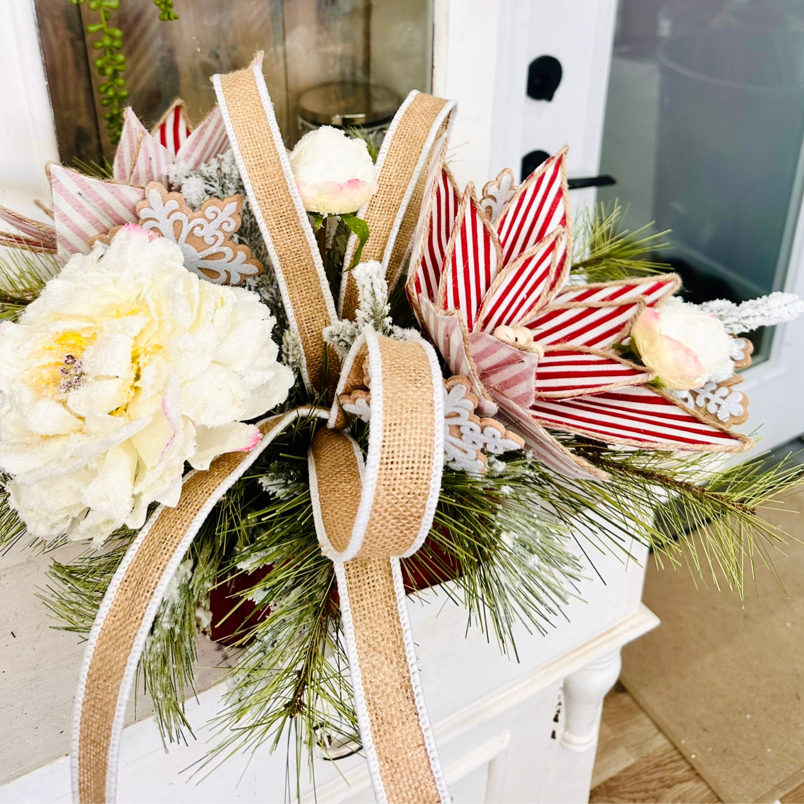 Rustic Glam Gingerbread Christmas Arrangement with Snowy Peonies & Bur ...