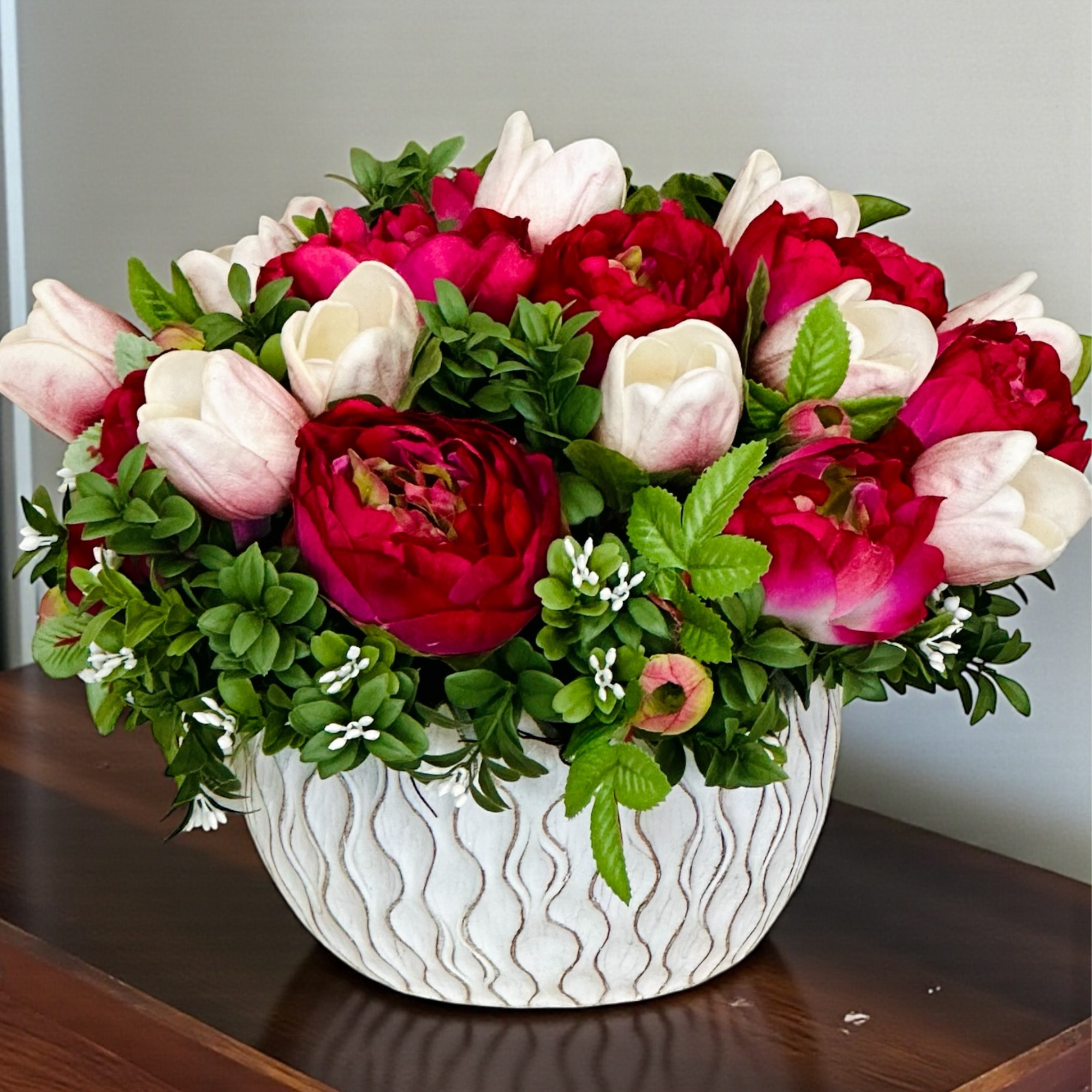 Peony and Tulip Floral Arrangement | Faux Flowers in White Cement Plan – TCTCrafts